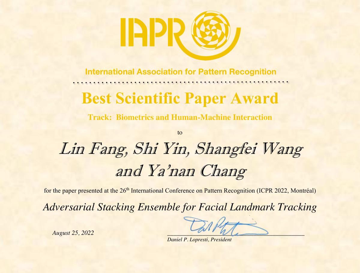 One paper is awarded the ICPR2022 Track 4 Best Scientific Paper | USTC-AC